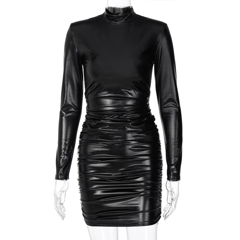 Women's Sexy Slim Long Sleeve Tight Mini Dress Ladies Female Pleated ...