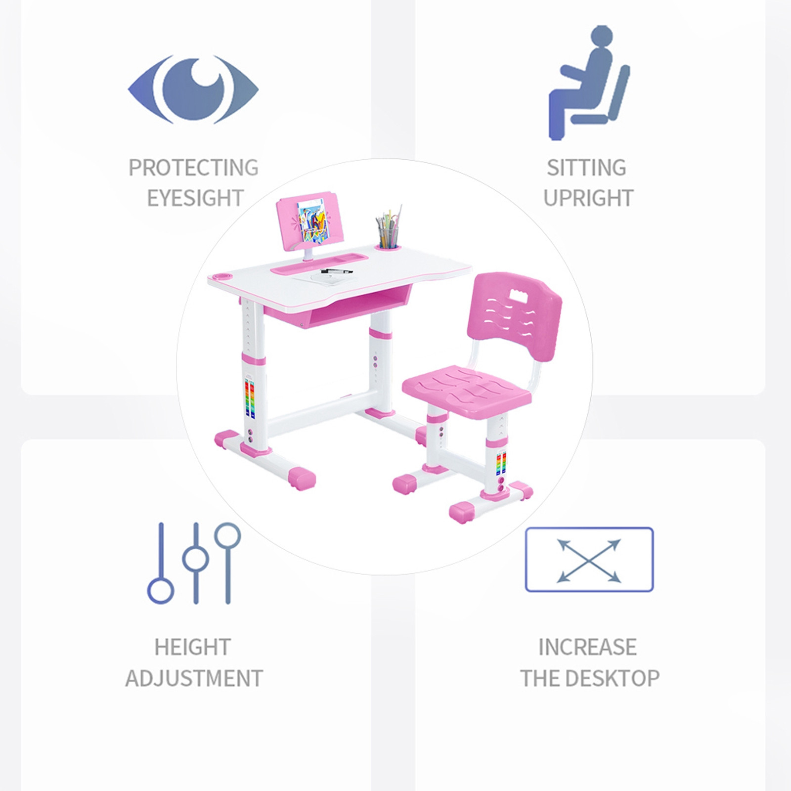 Height Adjustable Kids Study Desk Table & Chair Ergonomic Drawing Set ...