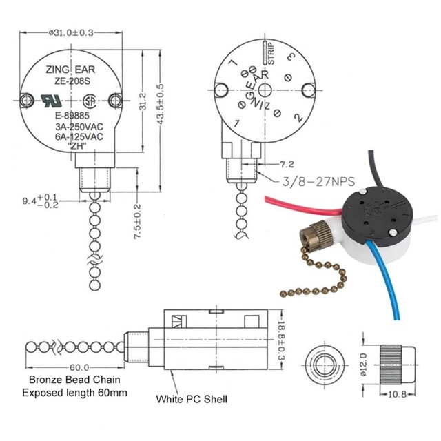 Red Bronze Ceiling Fans Zing Ear ZE-208S 3-Speed Ceiling Fan Pull Chain ...