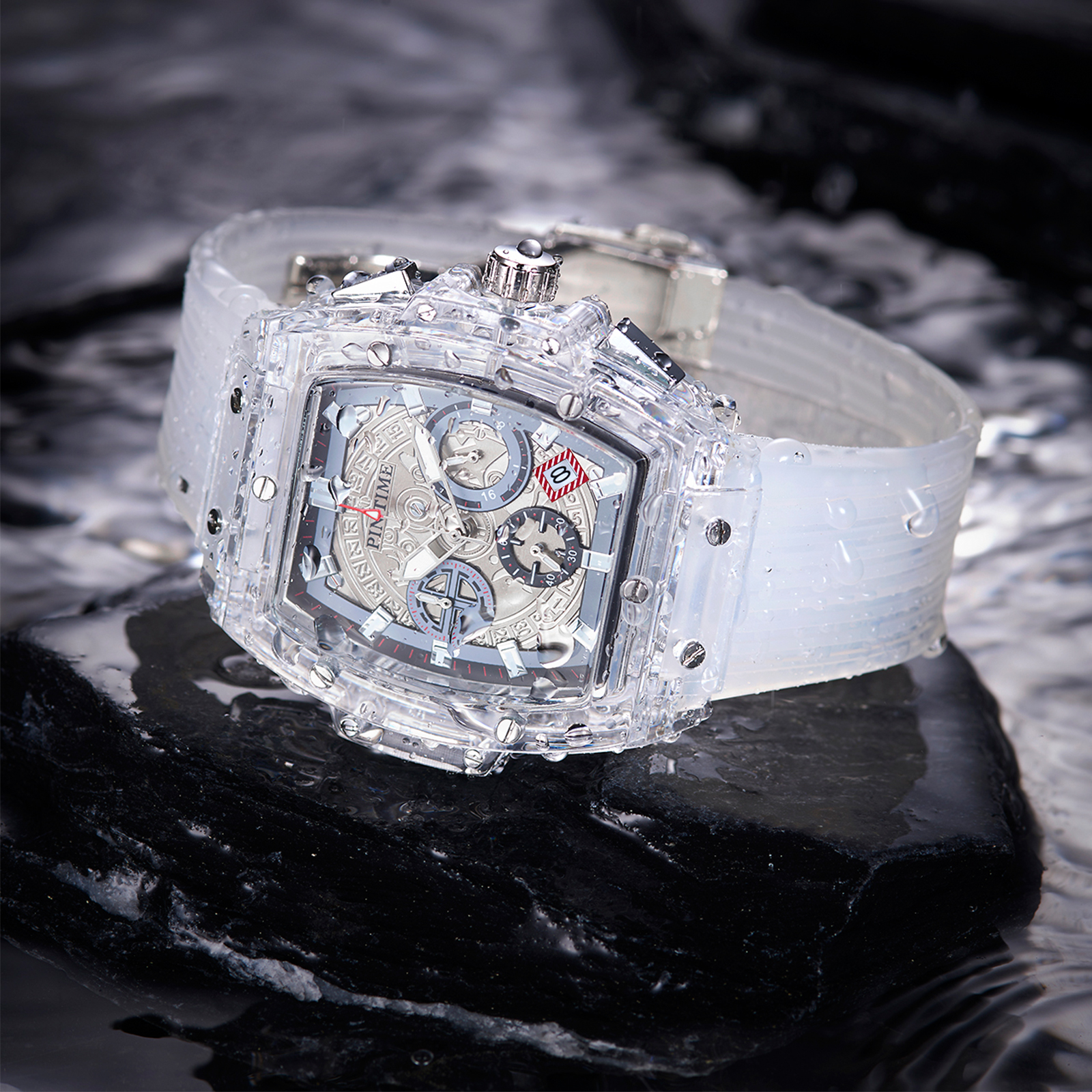 PINTIME Sport Watch for Men Quartz Wristwatches Hollow Dial Silicone ...