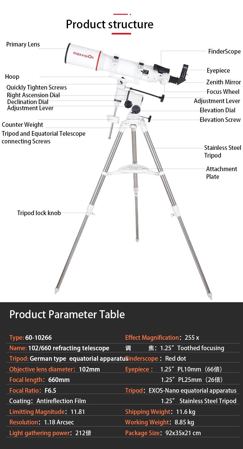 Maxvision Profession 102EQ 102/660MM Refractor telescopio astronómico parabólico óptico completo ...
