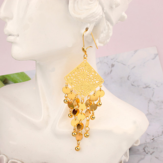 New Hook Dangle Earrings Gold Plated Turkish Arabic Coin Drop Long Earrings for Bridal Middle East Wedding Accessoy AliExpress