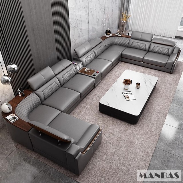 Premium italienische Leder couch mit Getranke halter USB verstellbaren Kopfstutzen und Bluetooth Lautsprecher Manbas Wohnzimmer Sofas AliExpress