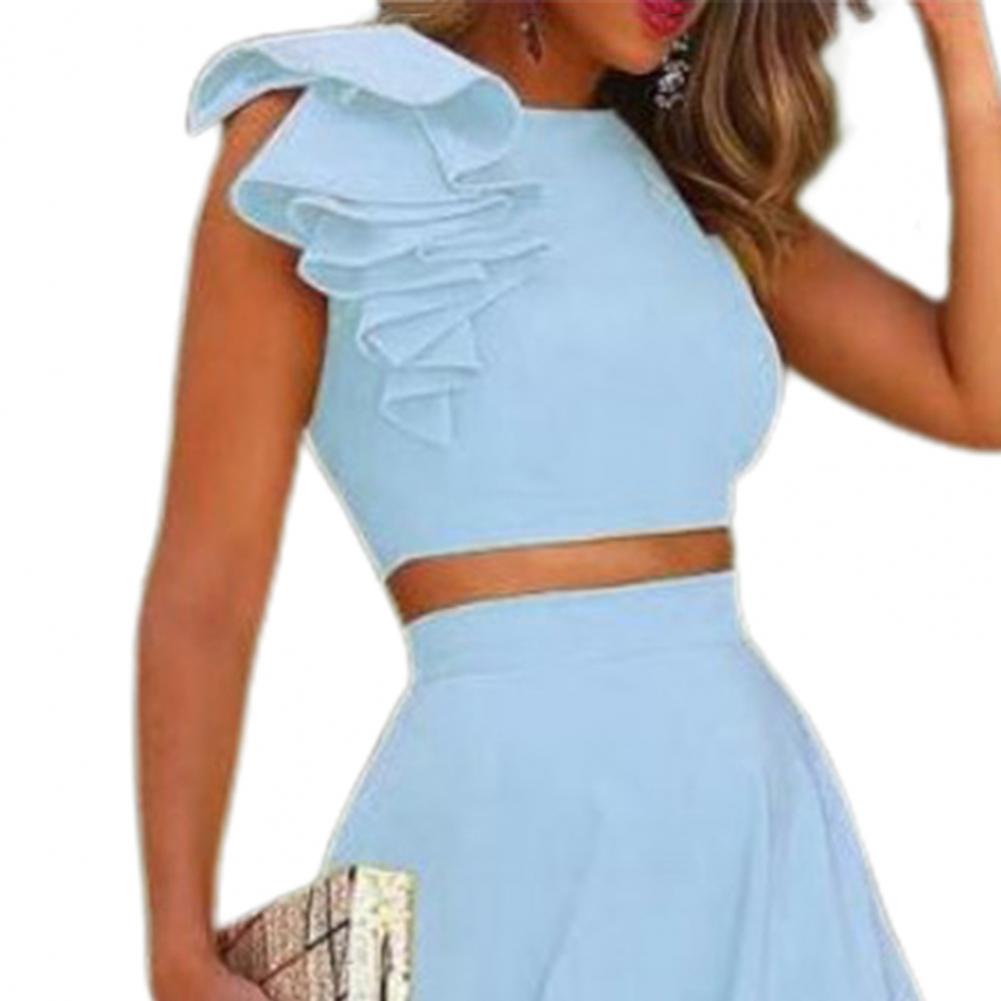 2pcsset Skirts Set Women Summer Sexy Ruffle Short Sleeve Cropped Top Long Skirt Two Piece Set