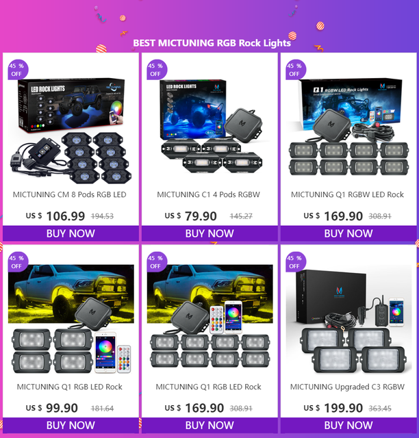 MICTUNING C 2曲面RGBW LEDロックライト-4ポッドアンダーグローマルチカラーネオンライト配線スイッチキット、Bluetoothコントローラー、ミュージックモード 『購入本物 ...