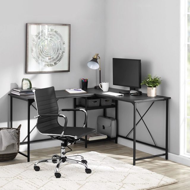 Mainstays Two Way Convertible Desk with Lower Storage Shelf Charcoal Finish and Black Metal Frame